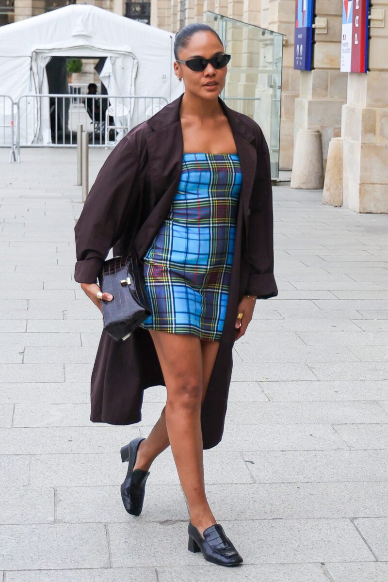 Tessa Thompson Totes Toteme’s T-Lock Clutch in Paris - PurseBlog